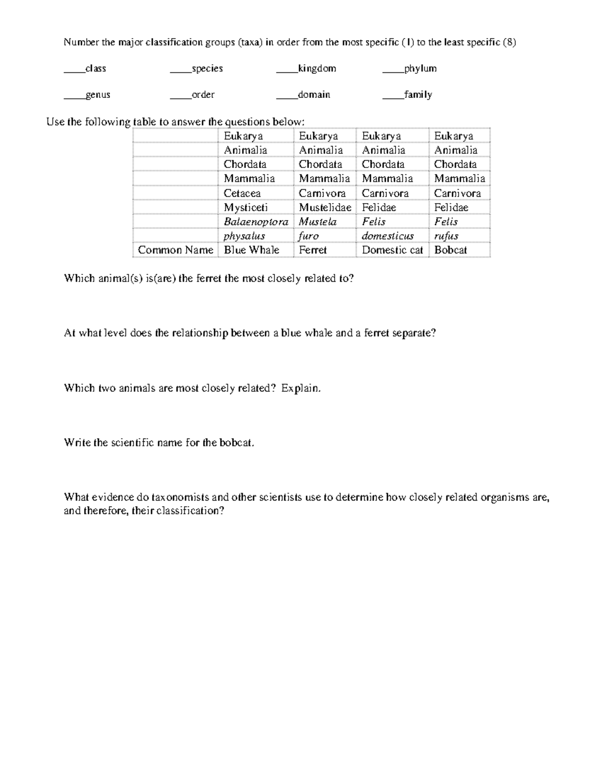 Classification+Practice - Number the major classification groups (taxa ...