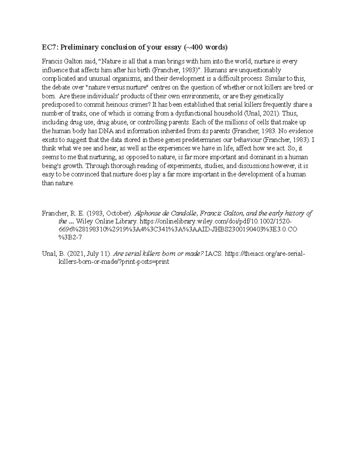 EC7 - Assignment - EC7: Preliminary conclusion of your essay (~400 ...