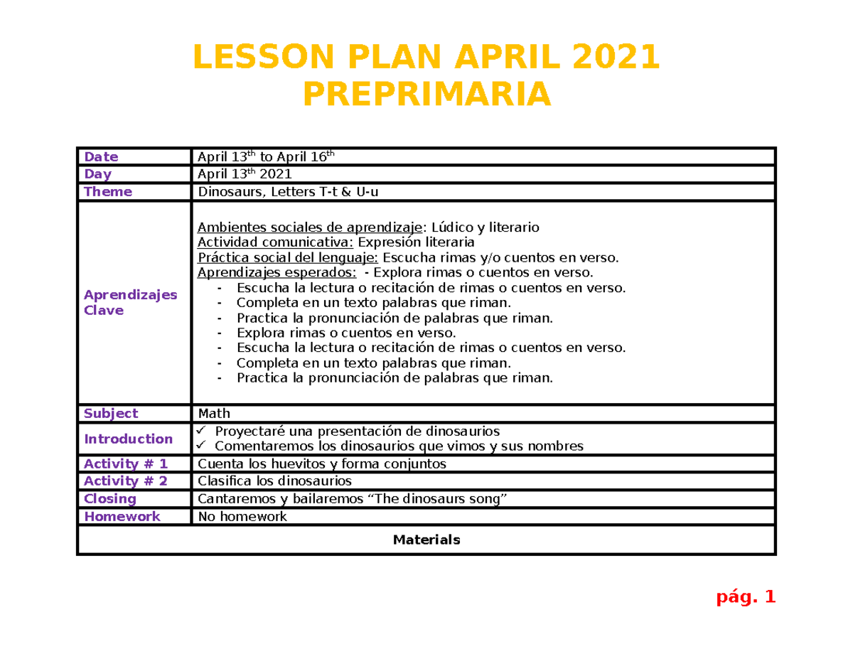 Lesson PLAN April Preprimaria - PREPRIMARIA Date April 13th to April ...