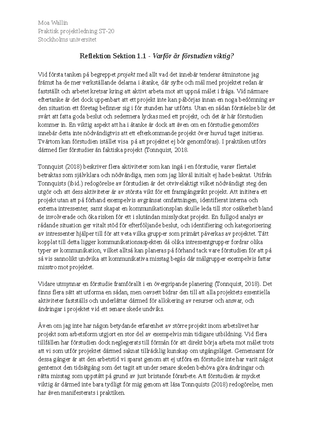 Reflektion Sektion 1.1 - Varför är förstudien viktig? - Moa Wallin ...