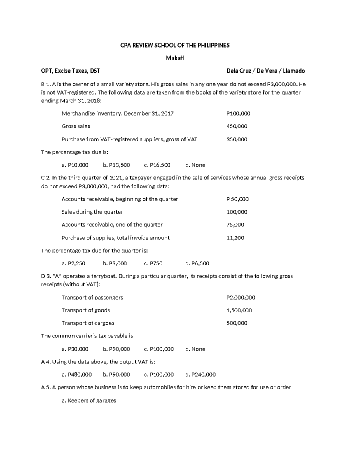OPT Excise TAX DST - CPA REVIEW SCHOOL OF THE PHILIPPINES Makati OPT, Excise Taxes, DST Dela ...