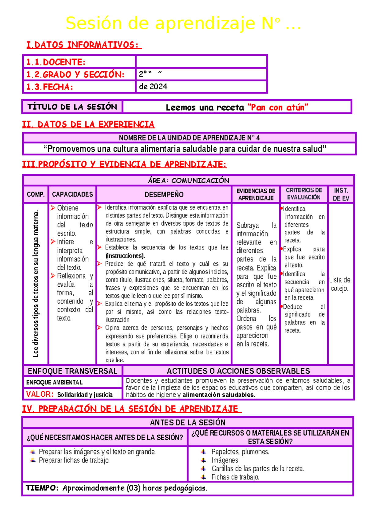 Sesión Leemos Receta PAN CON ATÚN 2° Maestra Janet - Sesión de ...