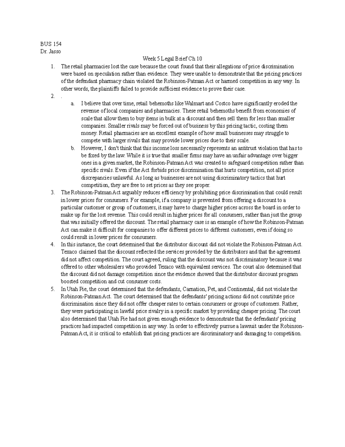 Week 5 Chapter 10 Legal Brief - BUS 154 Dr. Jasso Week 5 Legal Brief Ch ...
