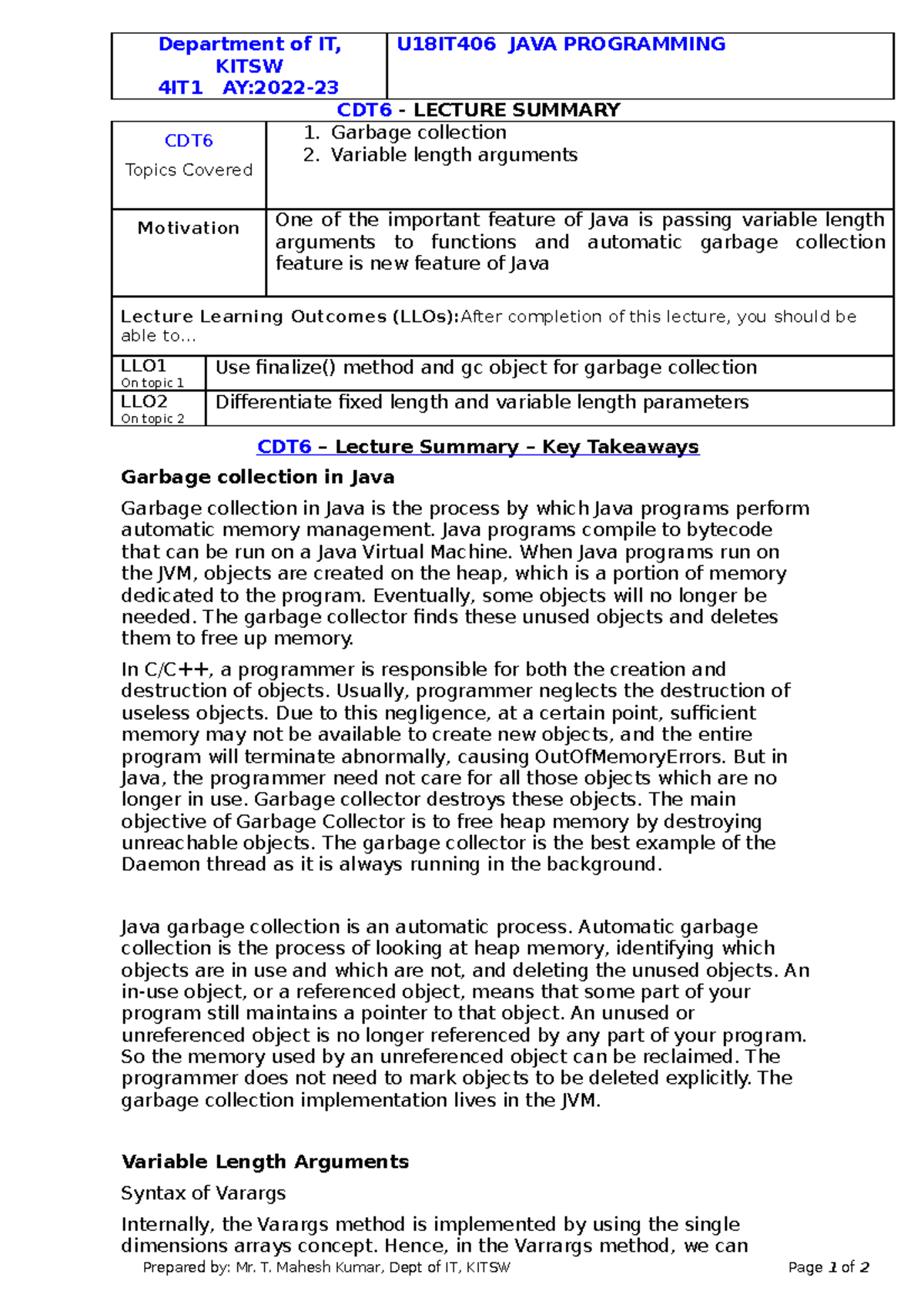 Java CDT6 Summary 4IT1 TMK - Department of IT, KITSW 4IT1 AY:2022 ...
