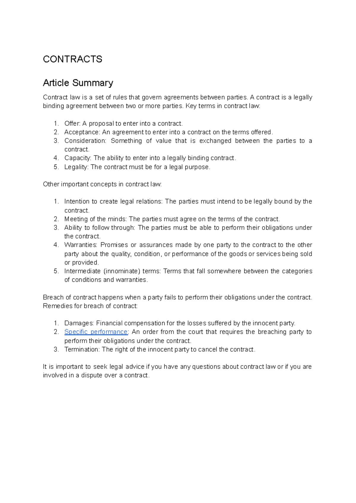Contracts - legal studies for grade 12 - CONTRACTS Article Summary ...