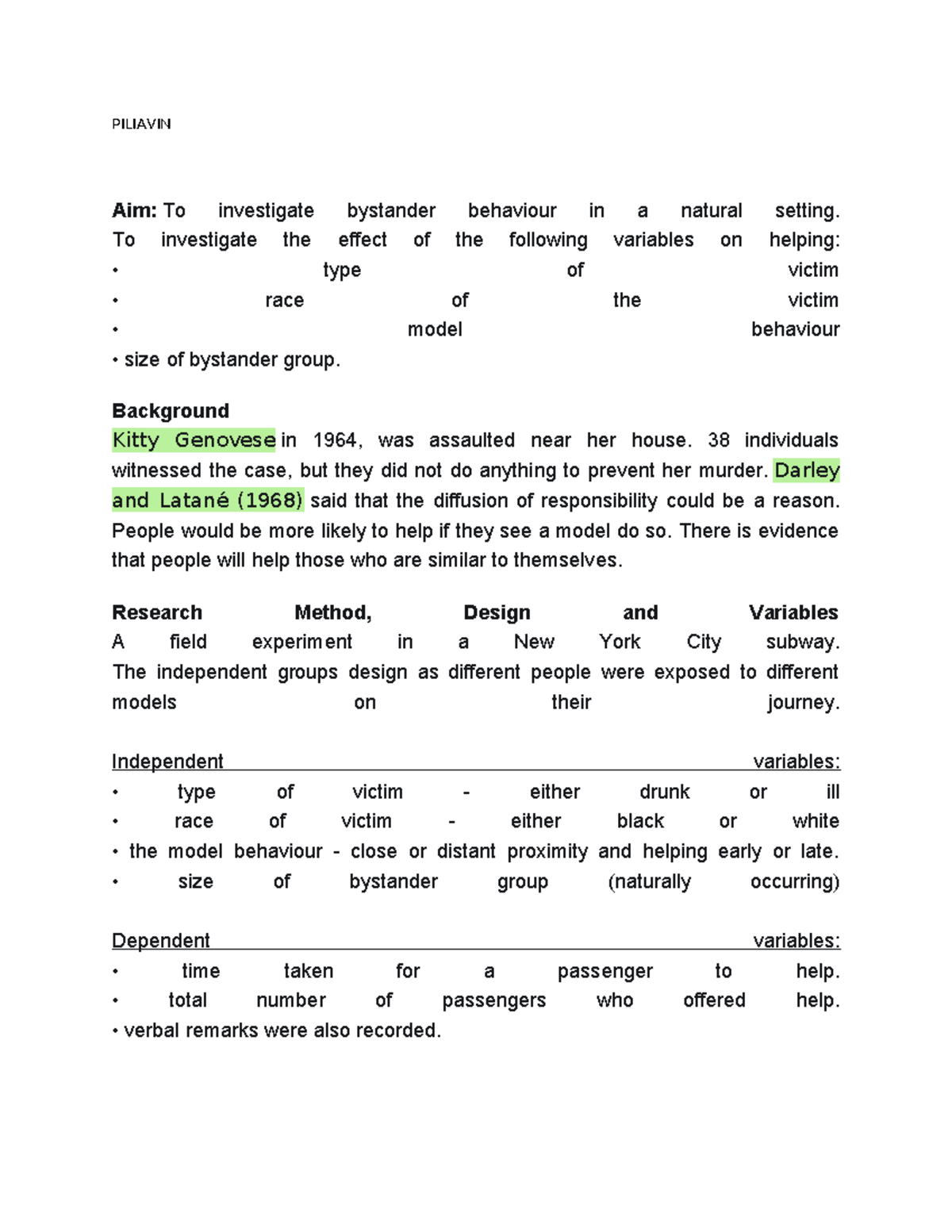 Piliavin - CIE - PILIAVIN Aim: To investigate bystander behaviour in a ...