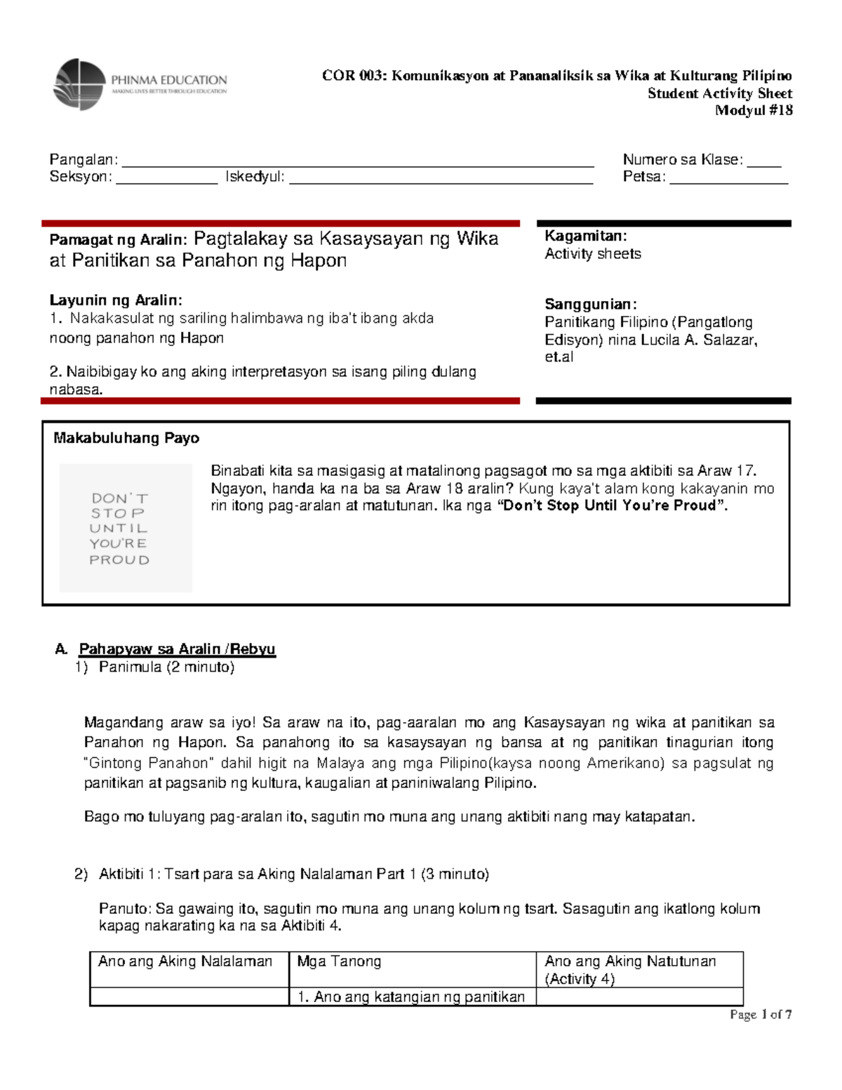 COR 003 SAS Day 18 - This will serve as a guide to students who are ...