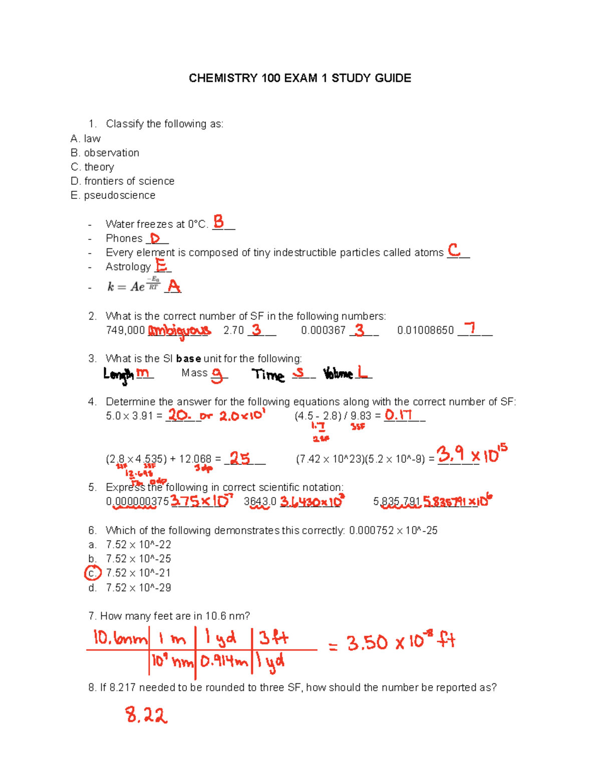 Answer Key CHEM 100 EXAM 1 Study Guide -91763841 - CHEMISTRY 100 EXAM 1 STUDY GUIDE Classify the ...