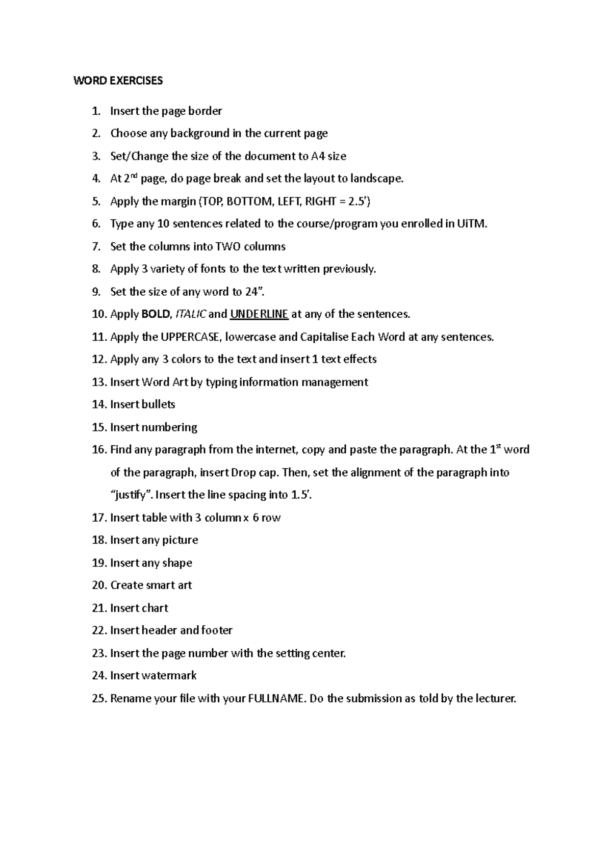 WORD Exercises - LATIHAN - WORD EXERCISES Insert the page border Choose ...