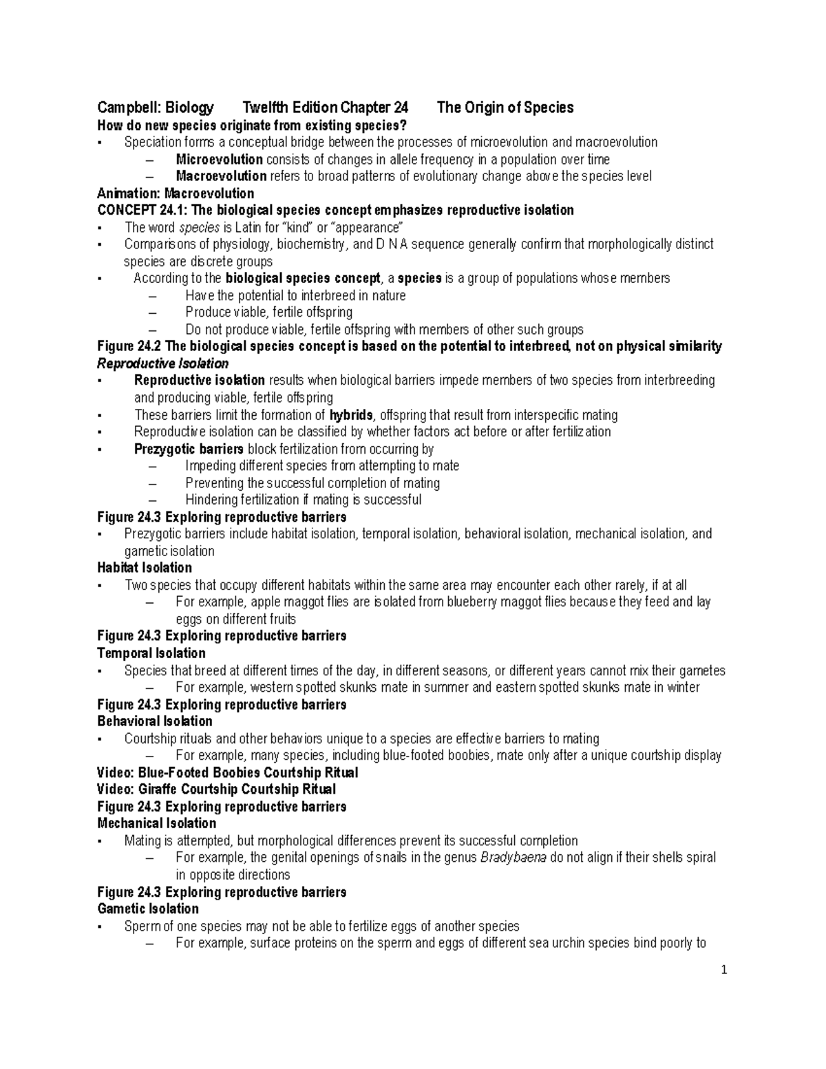 Notes 24 Origin of Species - 1 Campbell: Biology Twelfth Edition ...