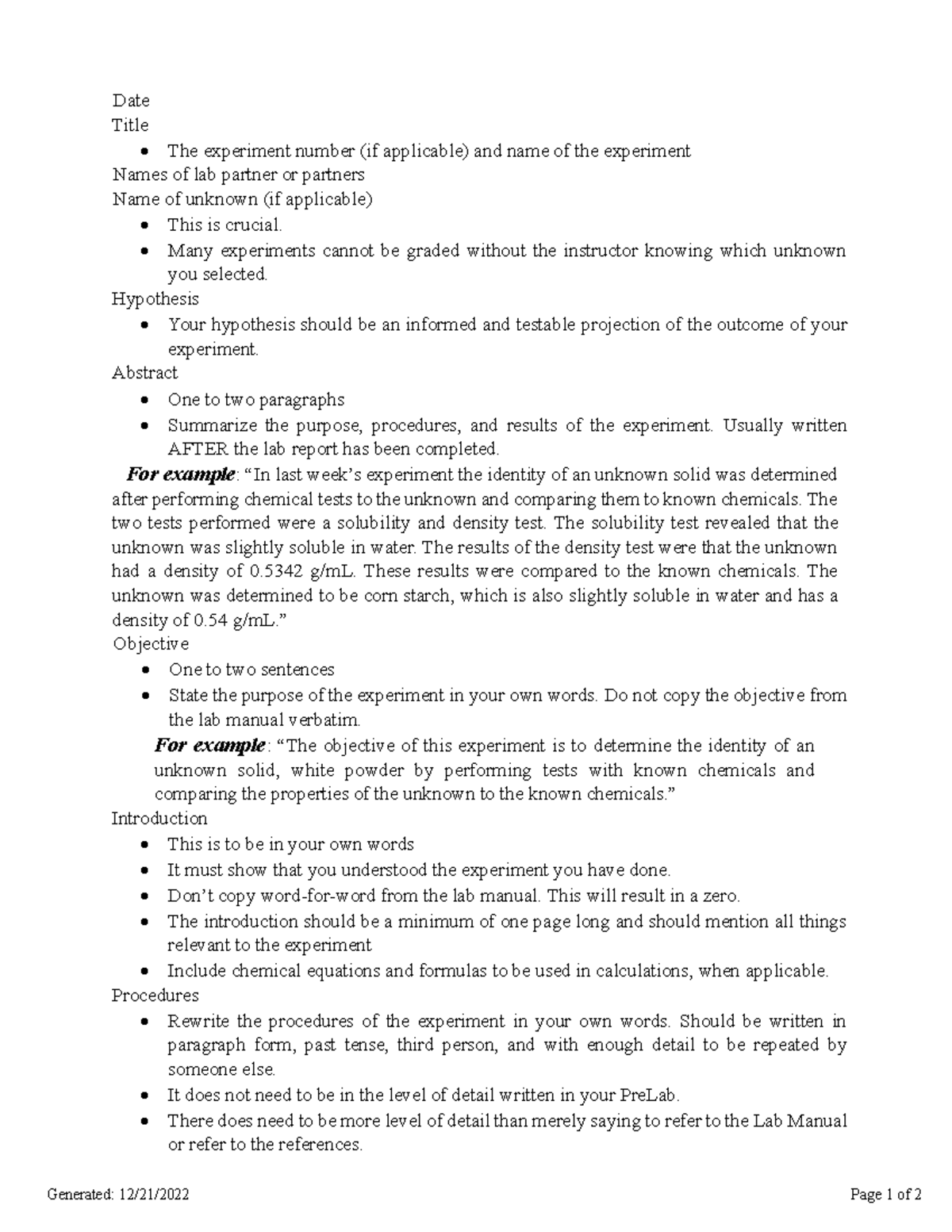 Postlab instructions - Generated: 12/21/2022 Page 1 of 2 Date Title The ...
