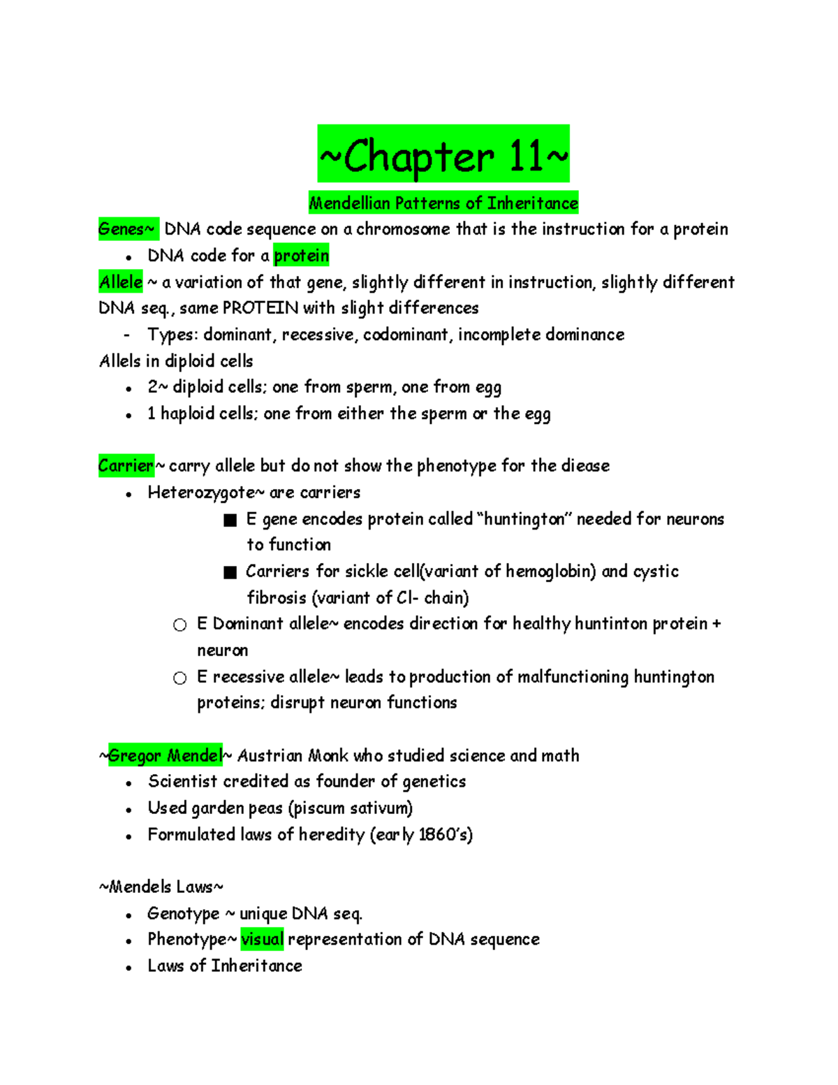 Bio 105 chapter 11 - study material - Chapter 11 Mendellian Patterns of ...