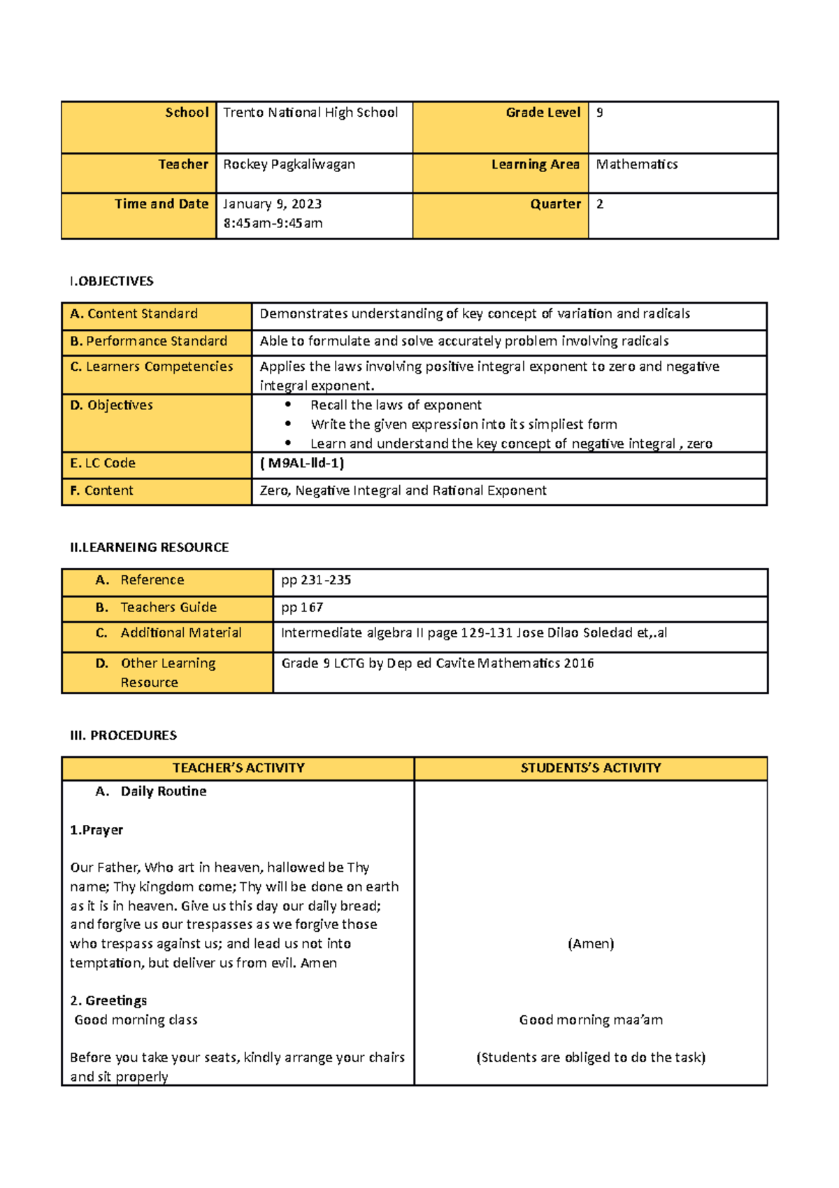 Zero, Negative Integral and Rational Exponent - School Trento National ...