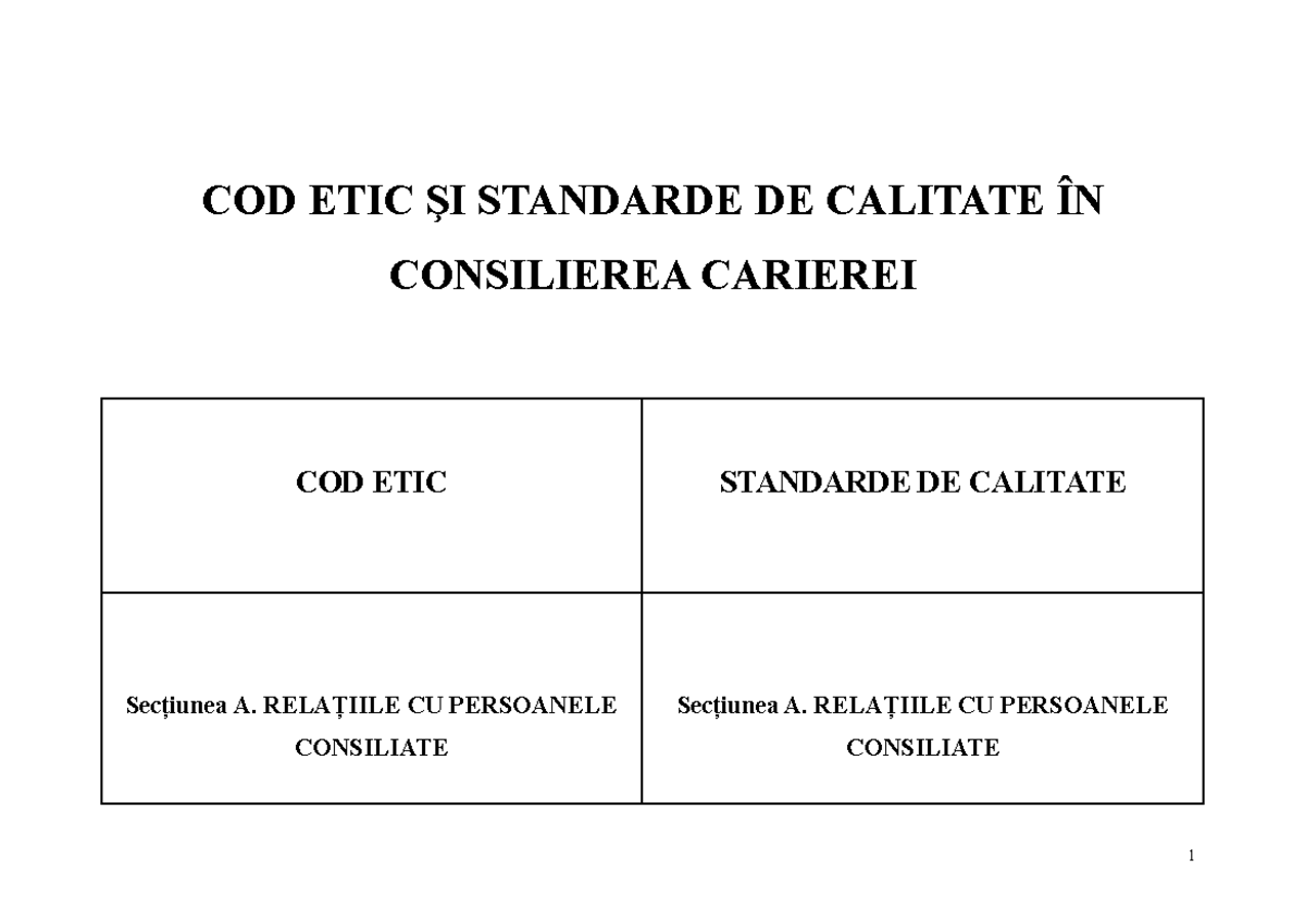 Codetic standarde de calitate - COD ETIC ŞI STANDARDE DE CALITATE ÎN ...