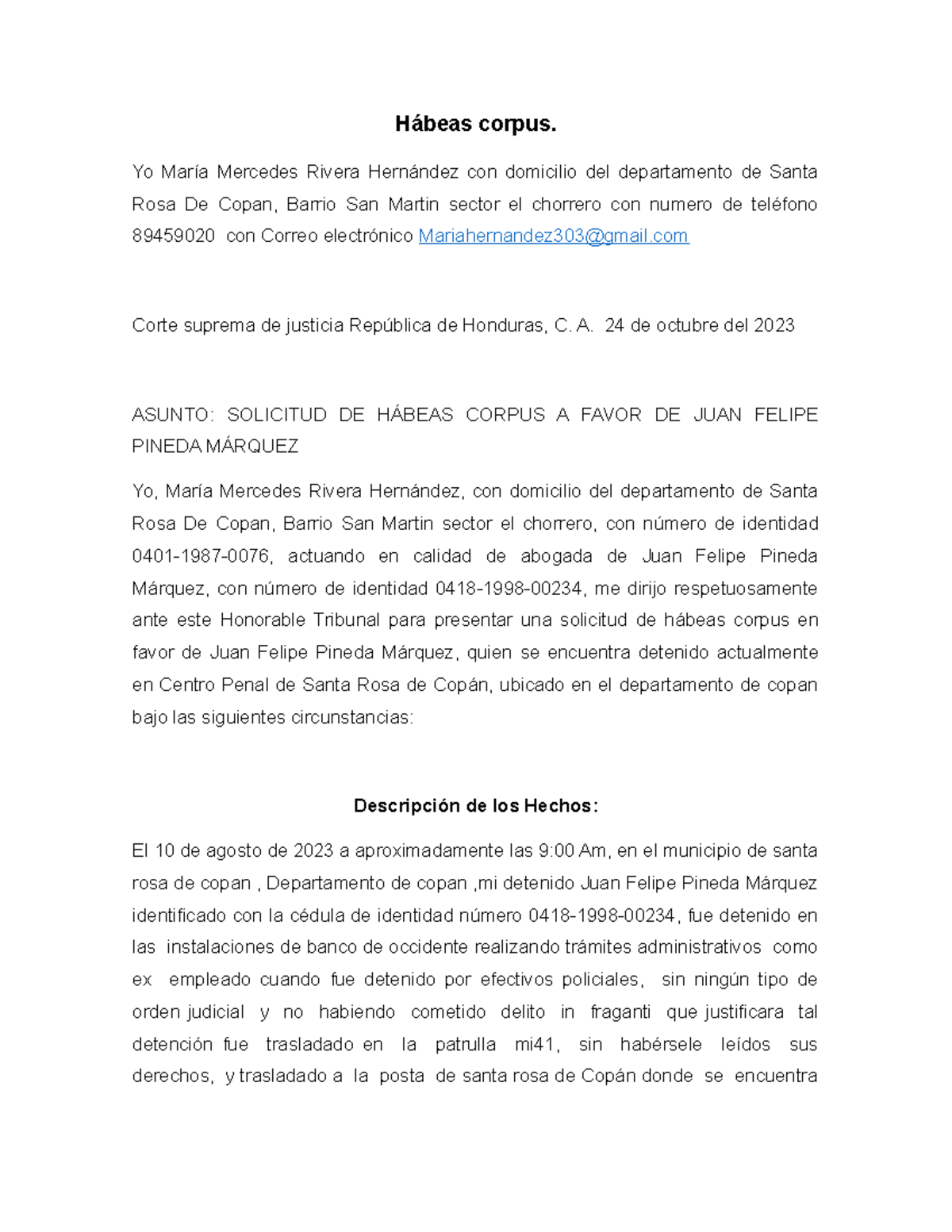 Hábeas corpus - Yo María Mercedes Rivera Hernández con domicilio del ...