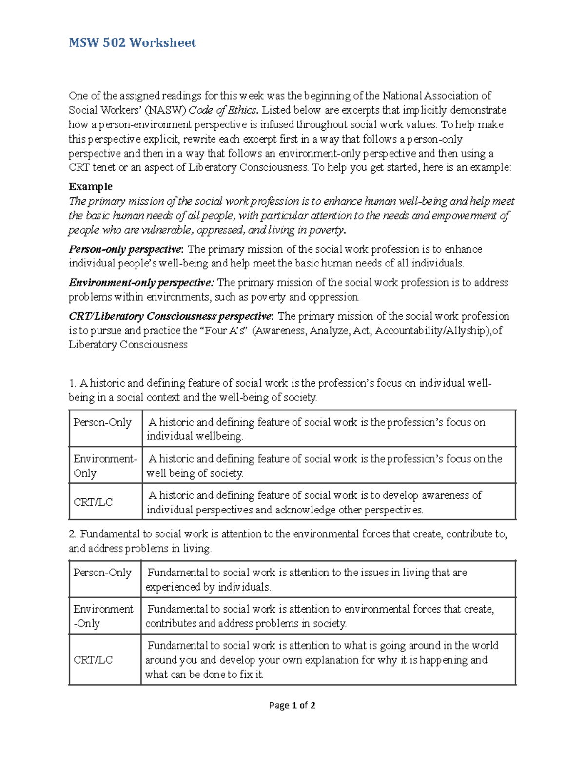 MSW 502 Worksheet - MSW 502 Worksheet One of the assigned readings for ...