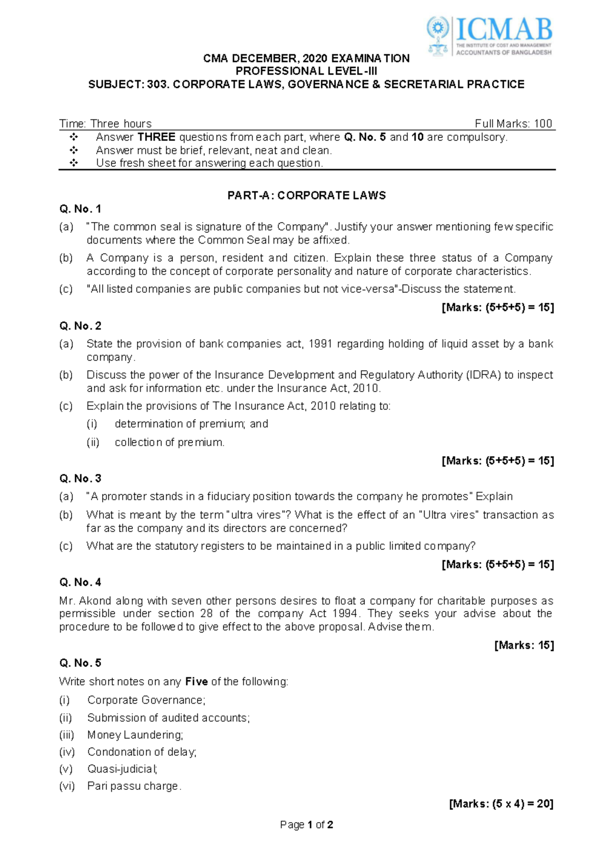 Icmab-exam paper - Page 1 of 2 CMA DECEMBER, 2020 EXAMINATION ...