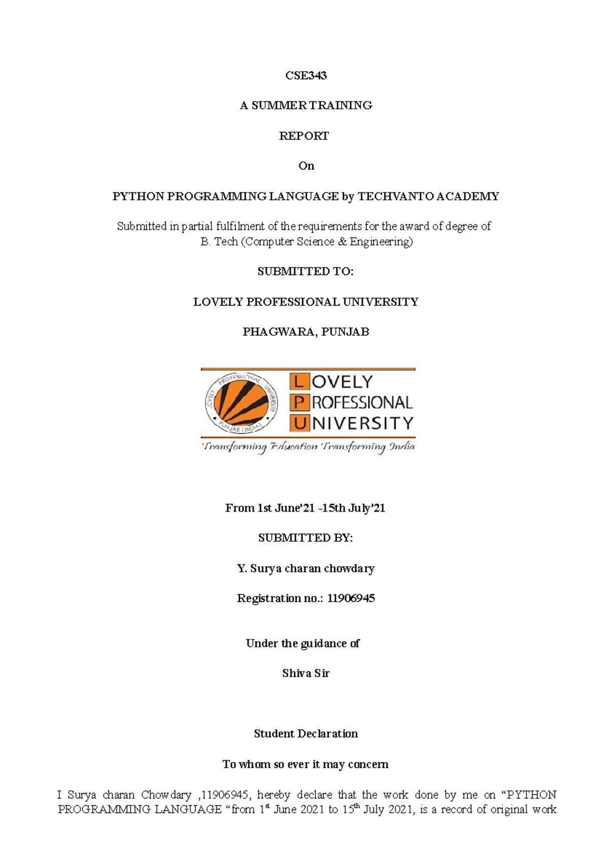 DOC-20220310 - hii - CSE A SUMMER TRAINING REPORT On PYTHON PROGRAMMING LANGUAGE by TECHVANTO ...