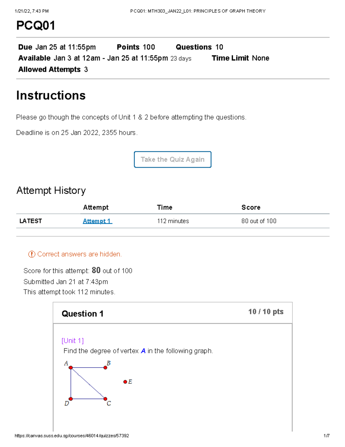 PCQ01 MTH303 JAN22 L01 Principles OF Graph Theory attempt 1 - PCQ Due Jan 25 at 11:55pm Points ...