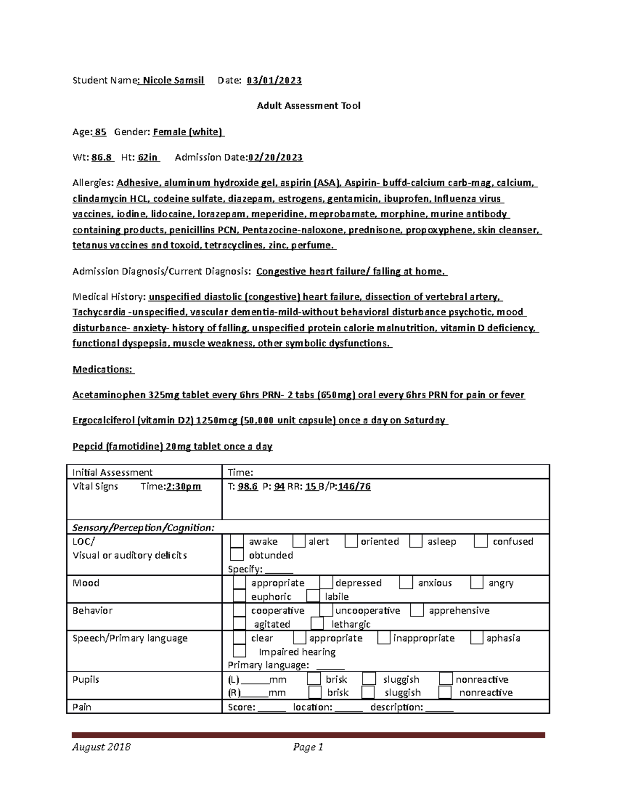 Adult Assessment Tool 2023 Patient #2 - Student Name: Nicole Samsil ...