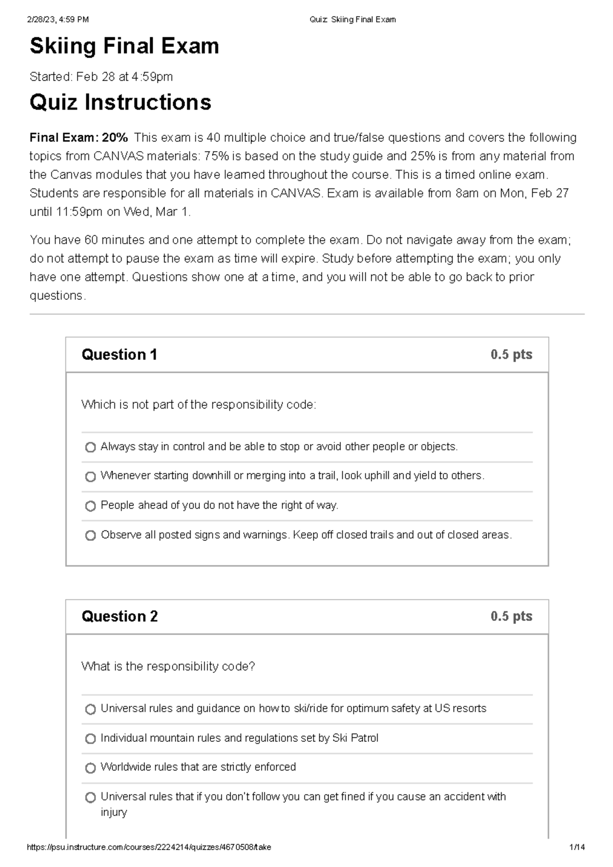 Quiz Skiing Final Exam - sample exam - Skiing Final Exam Started: Feb ...