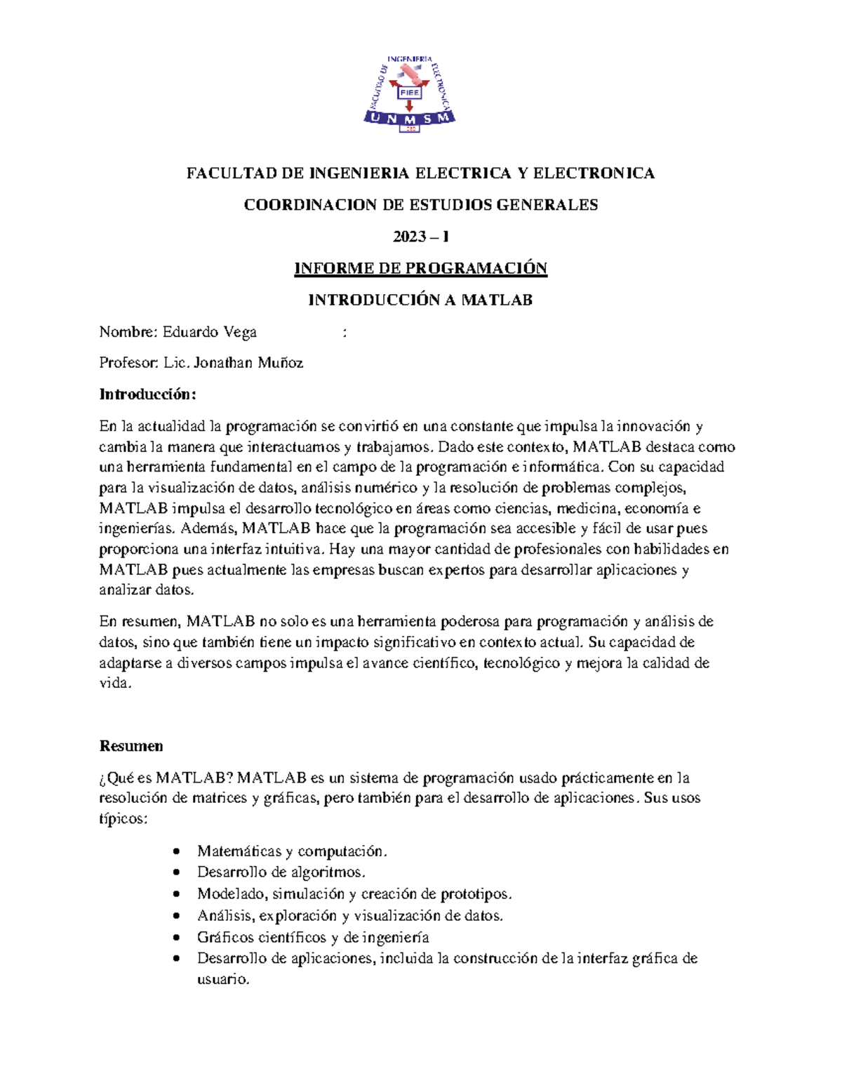 Informes de programación 3 - FACULTAD DE INGENIERIA ELECTRICA Y ...