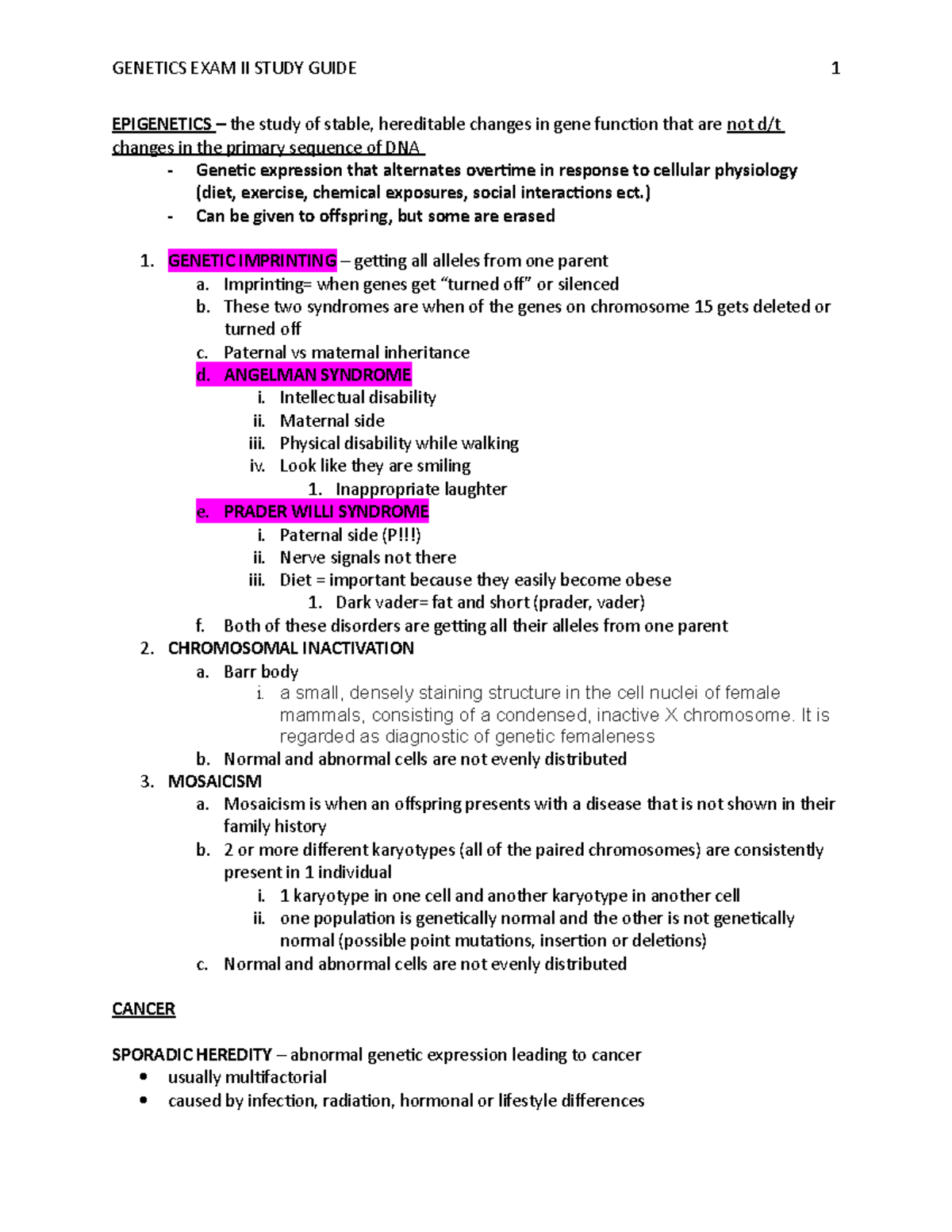 Exam 2 Study Guide Genetics - EPIGENETICS – the study of stable ...