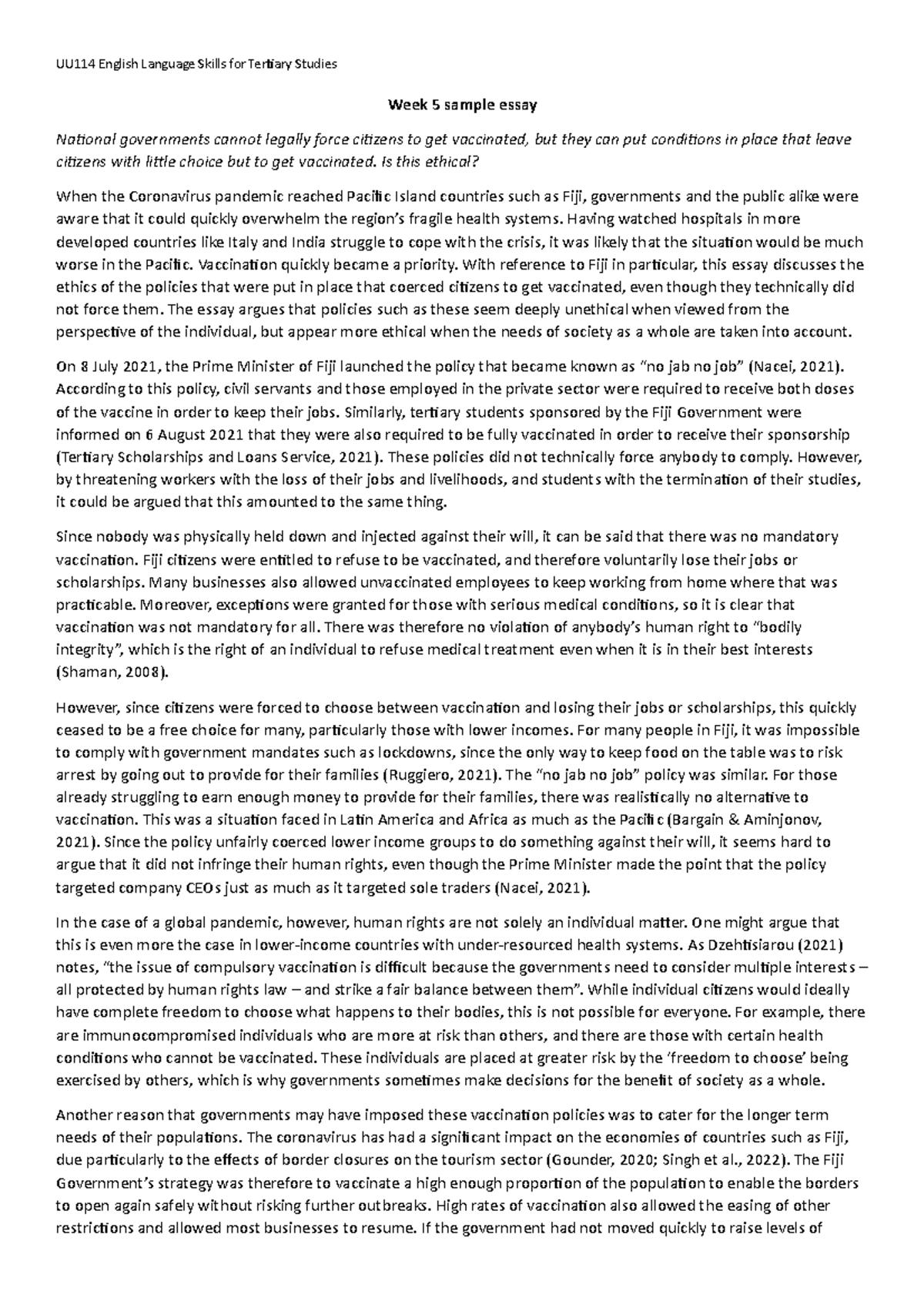 Sample essay - the ethics of mandatory vaccination - UU114 English ...