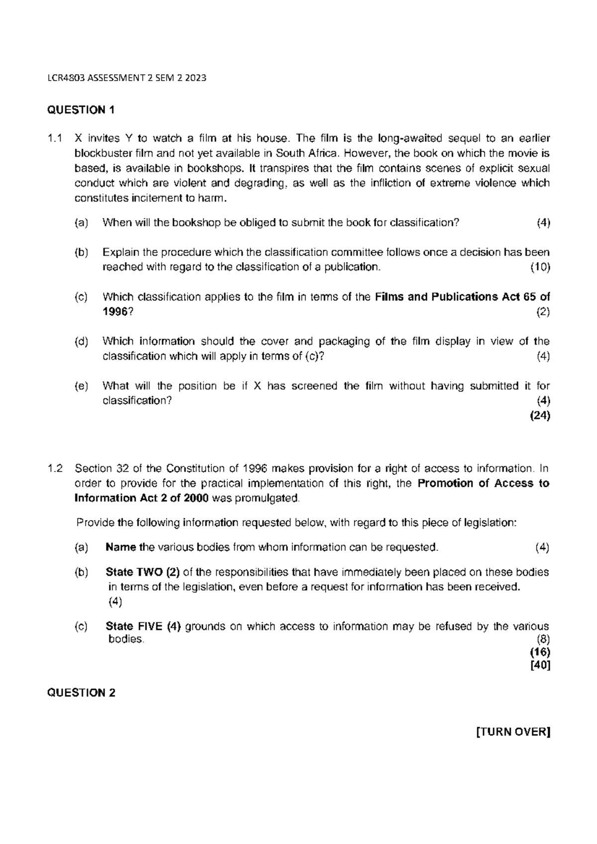 2023910 - Media Law Assignment 2 semester 2 2023 - LCR4803 - Studocu