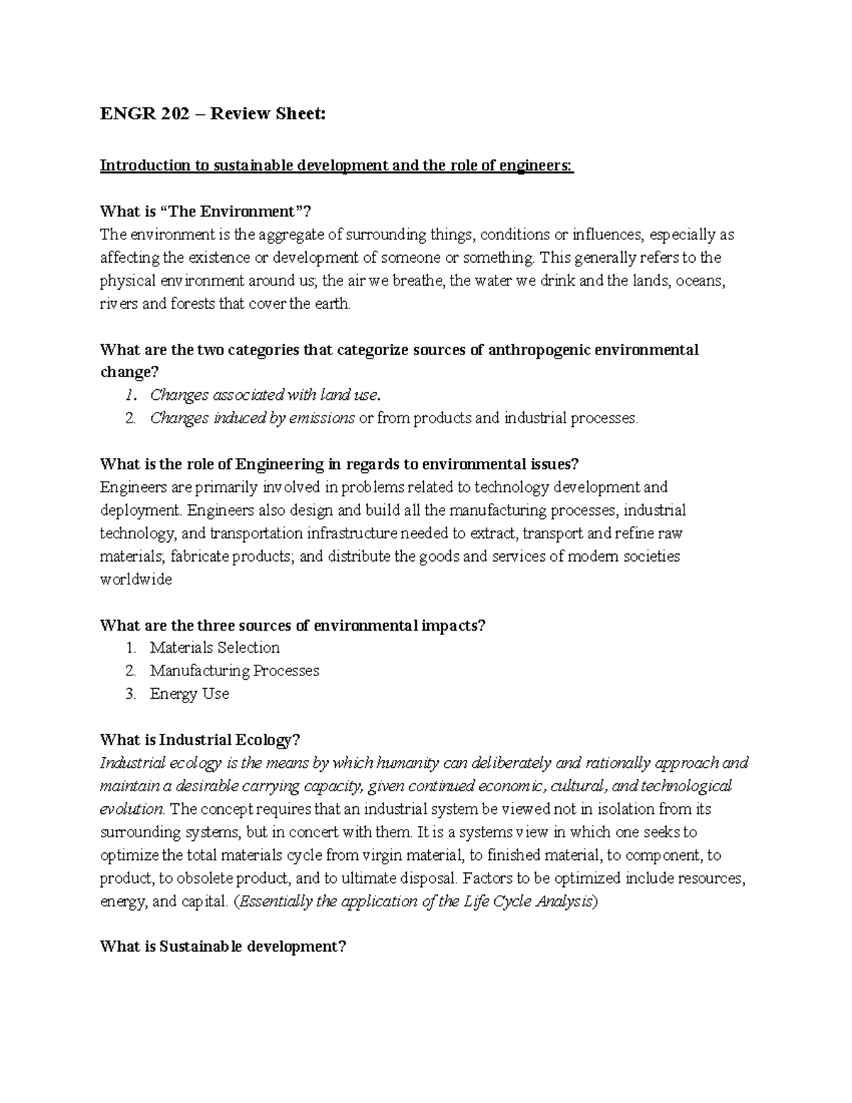 Final Review ENGR202 - Summary Sustainable Development and Environmental Stewardship - ENGR 202 ...