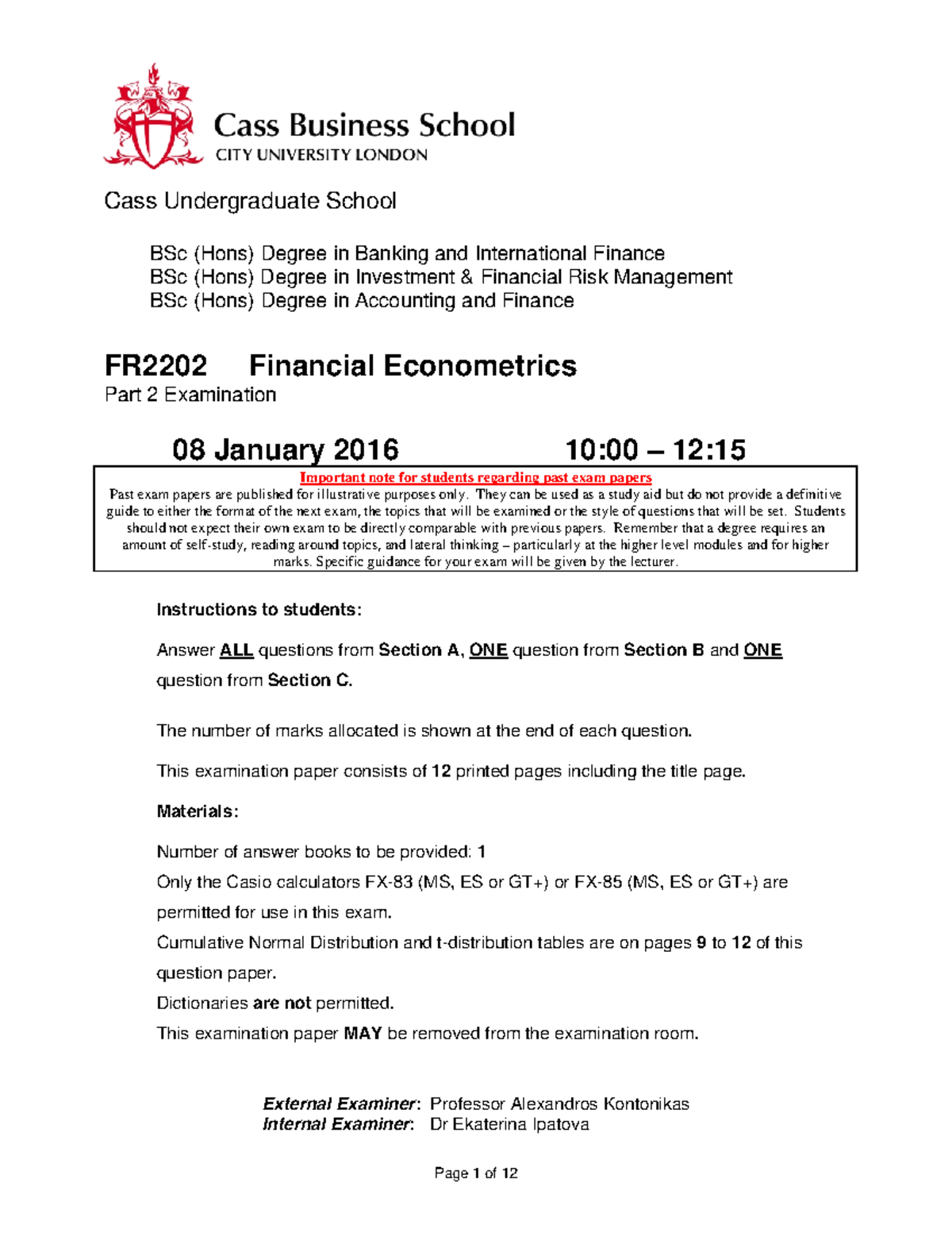 FR2202 - Financial Econometrics - January 2016 Exam Paper - Cass ...