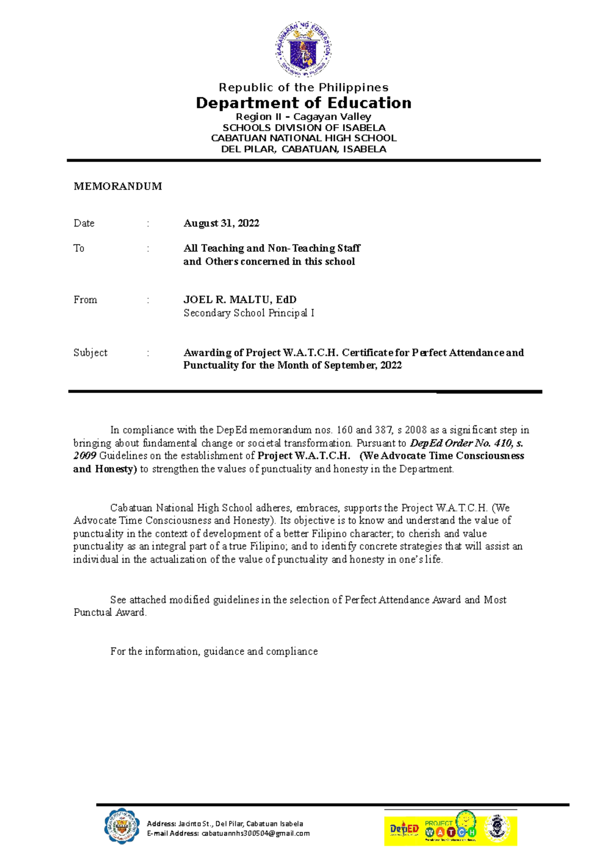 Project Watch Memorandum New - Republic of the Philippines Department ...