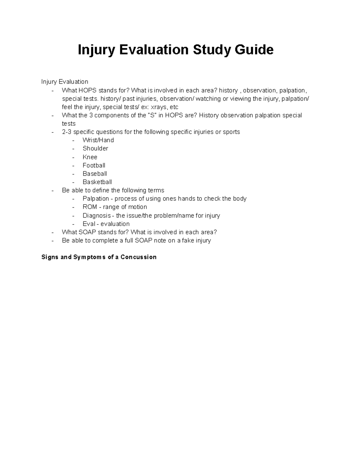 Copy of Injury Evaluation Study Guide - Injury Evaluation Study Guide ...