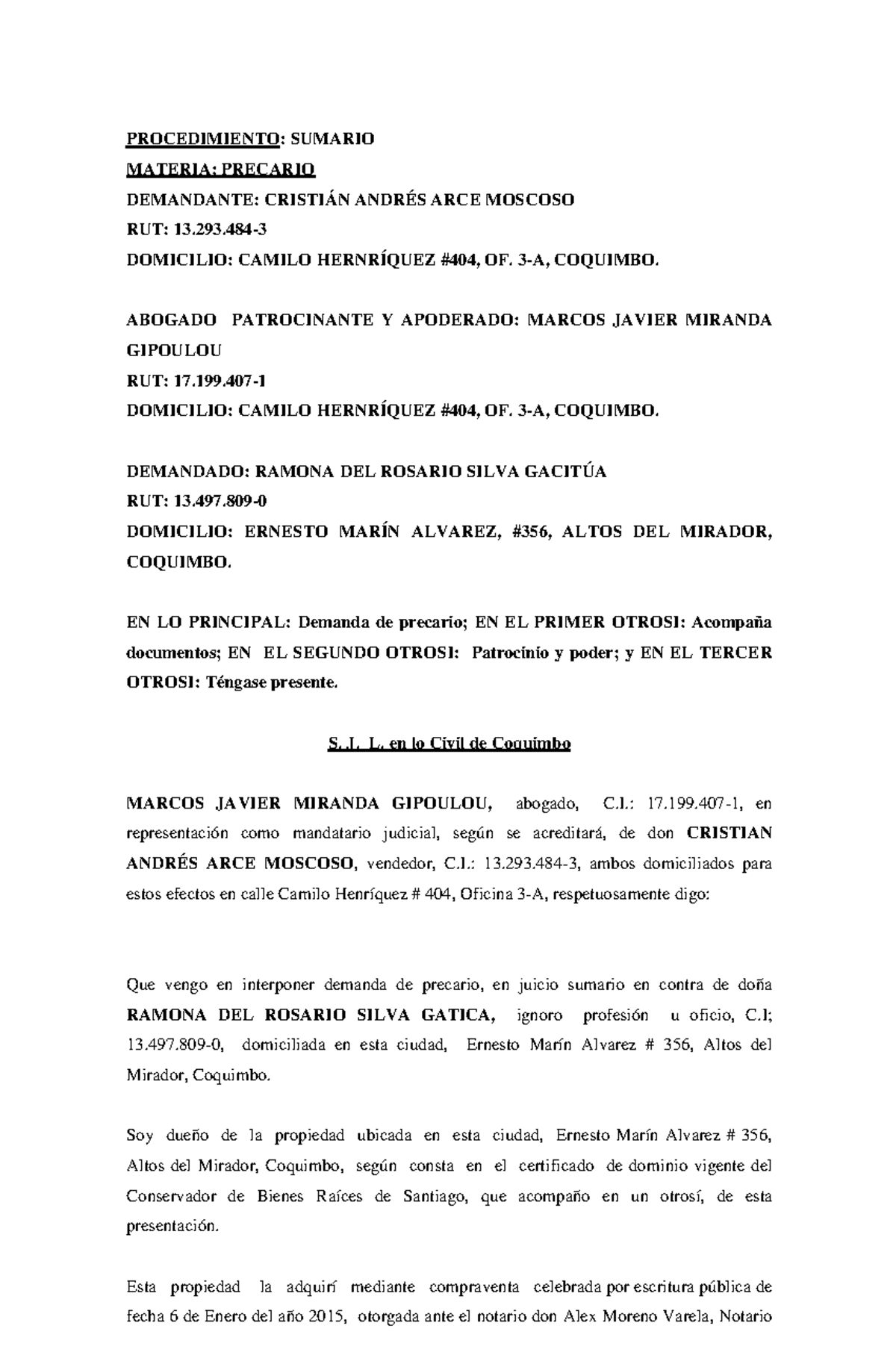 Demanda precario sumario - PROCEDIMIENTO: SUMARIO MATERIA: PRECARIO ...