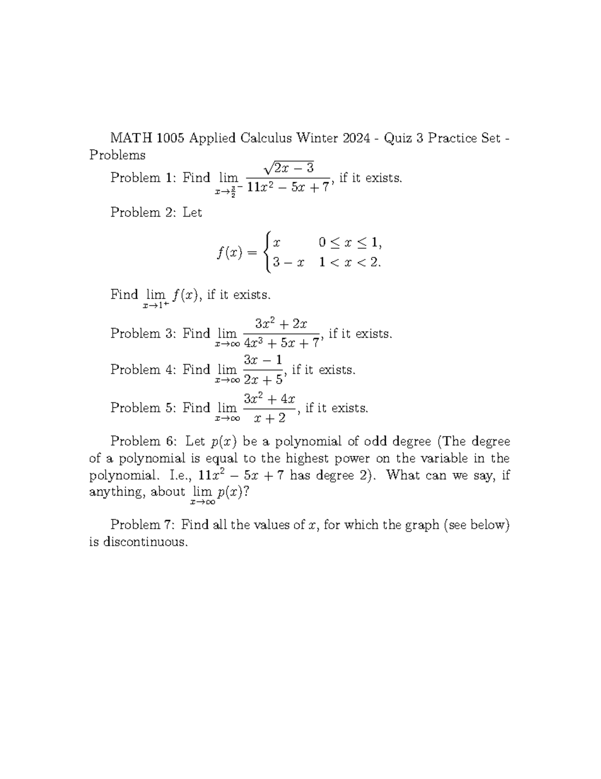 MATH 1005 Applied Calculus Winter 2024 - Quiz 3 Practice Set - Problems - MATH 1005 Applied ...