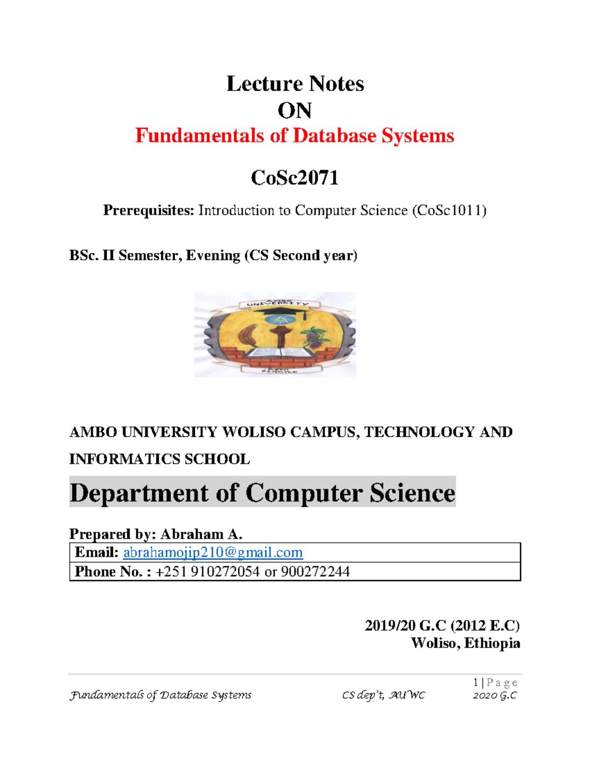 Fundamentals of DB System Lecture Note All in One - 1 | P a g e Lecture ...