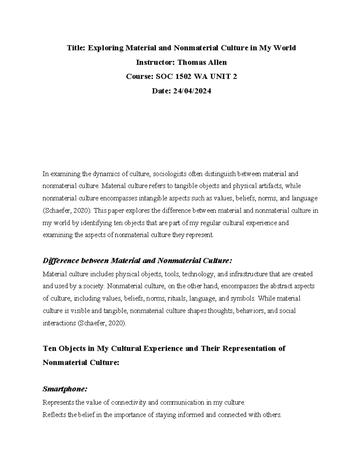 SOC 1502 WA UNIT 2 - Written assignment unit 2 - Title: Exploring ...