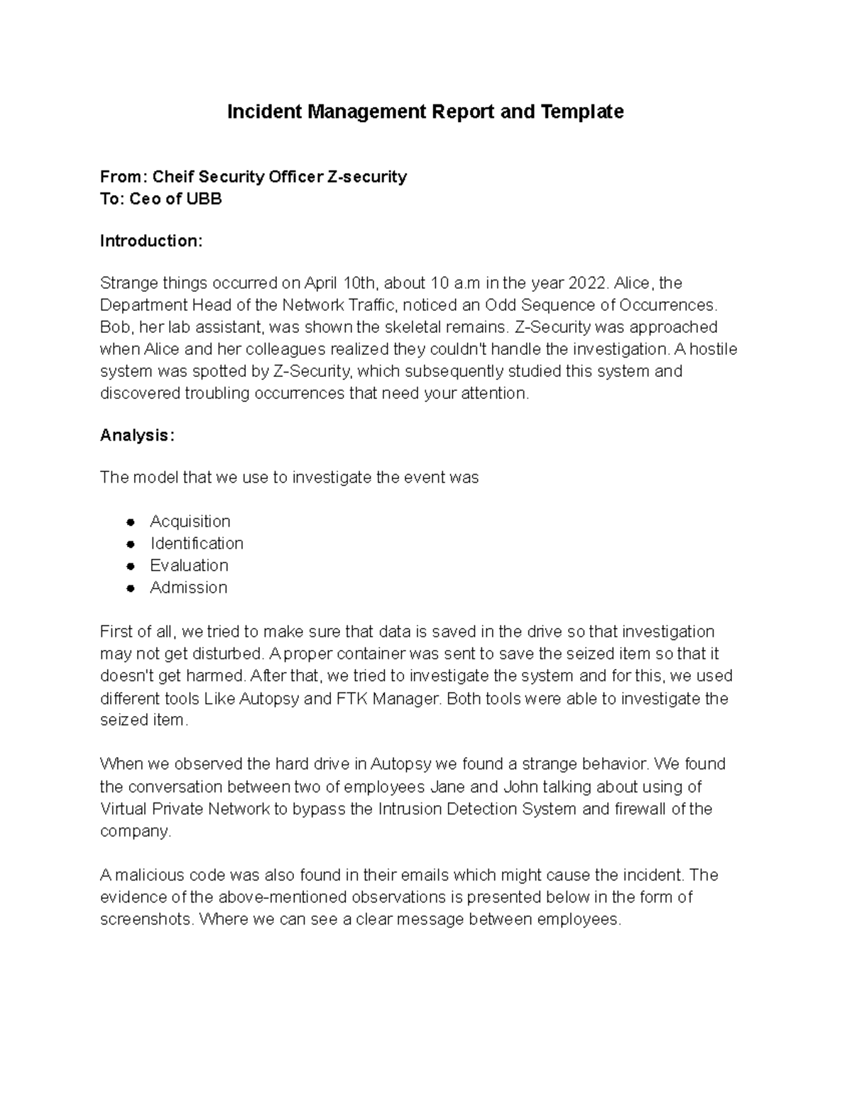 Incident Management Report and Template 1 - Alice, the Department Head ...