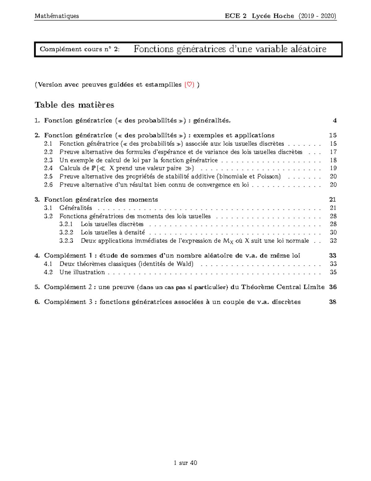Fonctions Génératrices - Compl ́ement cours n 2 : Fonctions g ́en ...