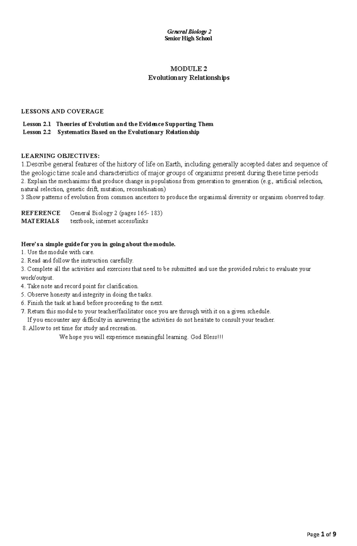 Biology 2 Q2 - Module - Senior High School MODULE 2 Evolutionary ...