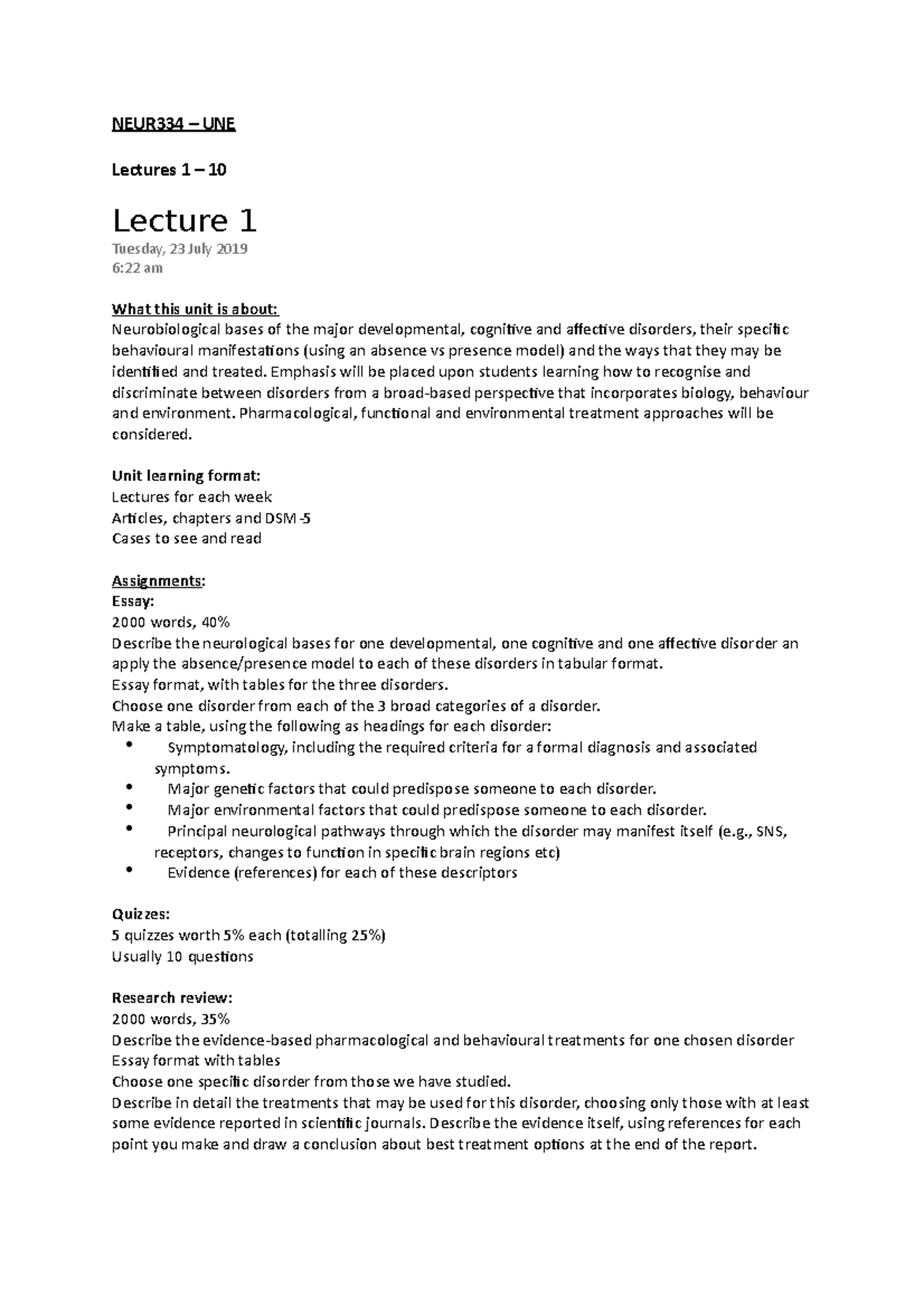 NEUR334 Lectures 1-10 - Lecture notes 1-10 - NEUR334 – UNE Lectures 1 ...