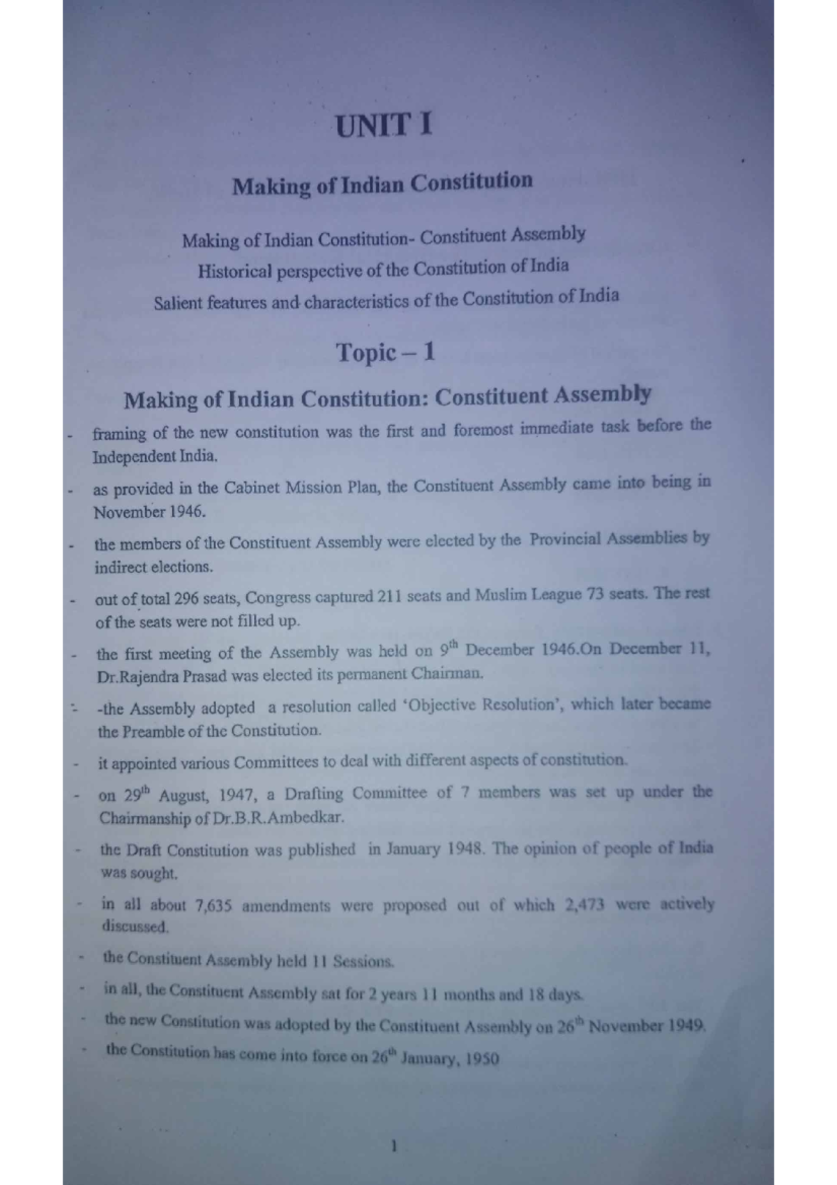 Notes 1 - UNIT I Making of Indian Constitution Making of Indian ...