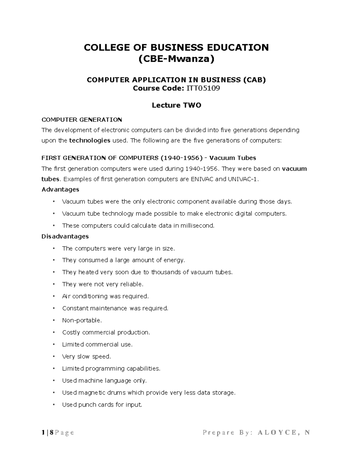 Lecture 2 - USE FOR REVIEW - COLLEGE OF BUSINESS EDUCATION (CBE-Mwanza ...