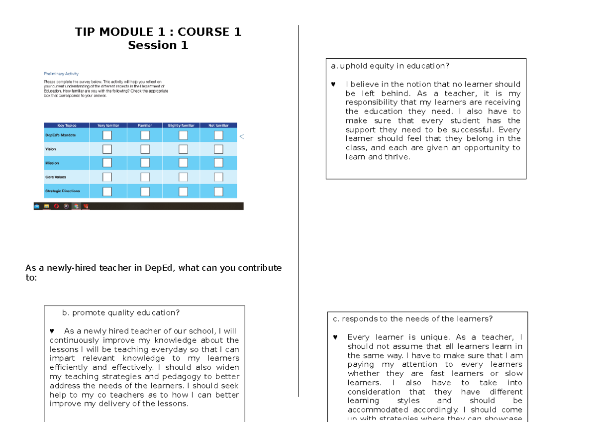 TIP Module 1 Answers - TIP MODULE 1 : COURSE 1 Session 1 As a newly ...