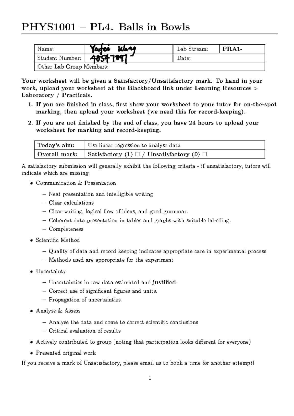 PHYS1001 Labs 2024 PL4 balls bowls (2) edited - PHYS1001 – PL4. Balls in Bowls Name: Lab Stream ...