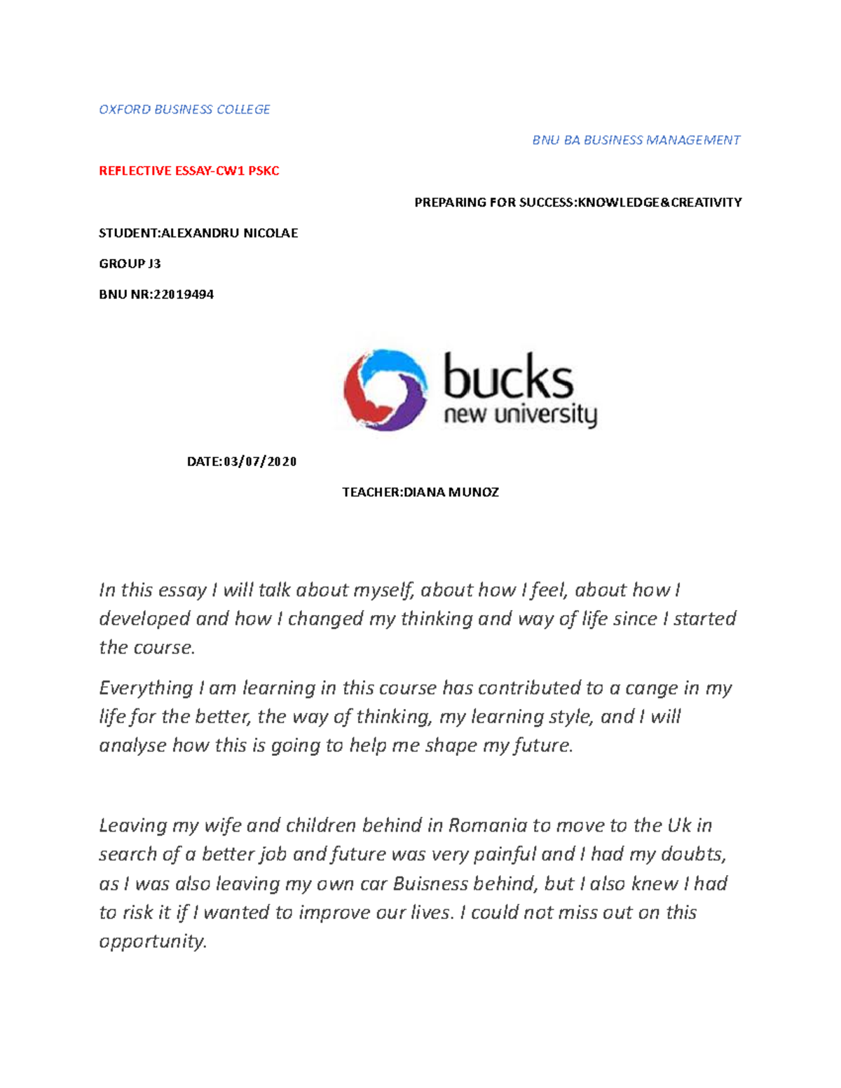 Alexandru nicolae reflective essay - OXFORD BUSINESS COLLEGE BNU BA ...