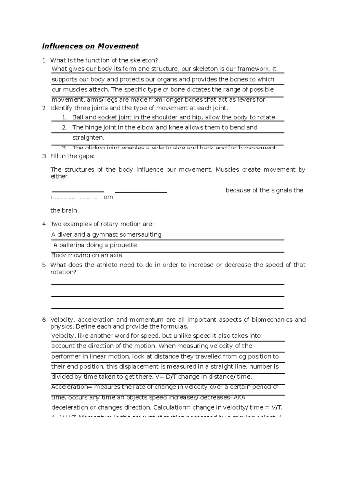 Influences on Movement worksheet - Influences on Movement What is the ...