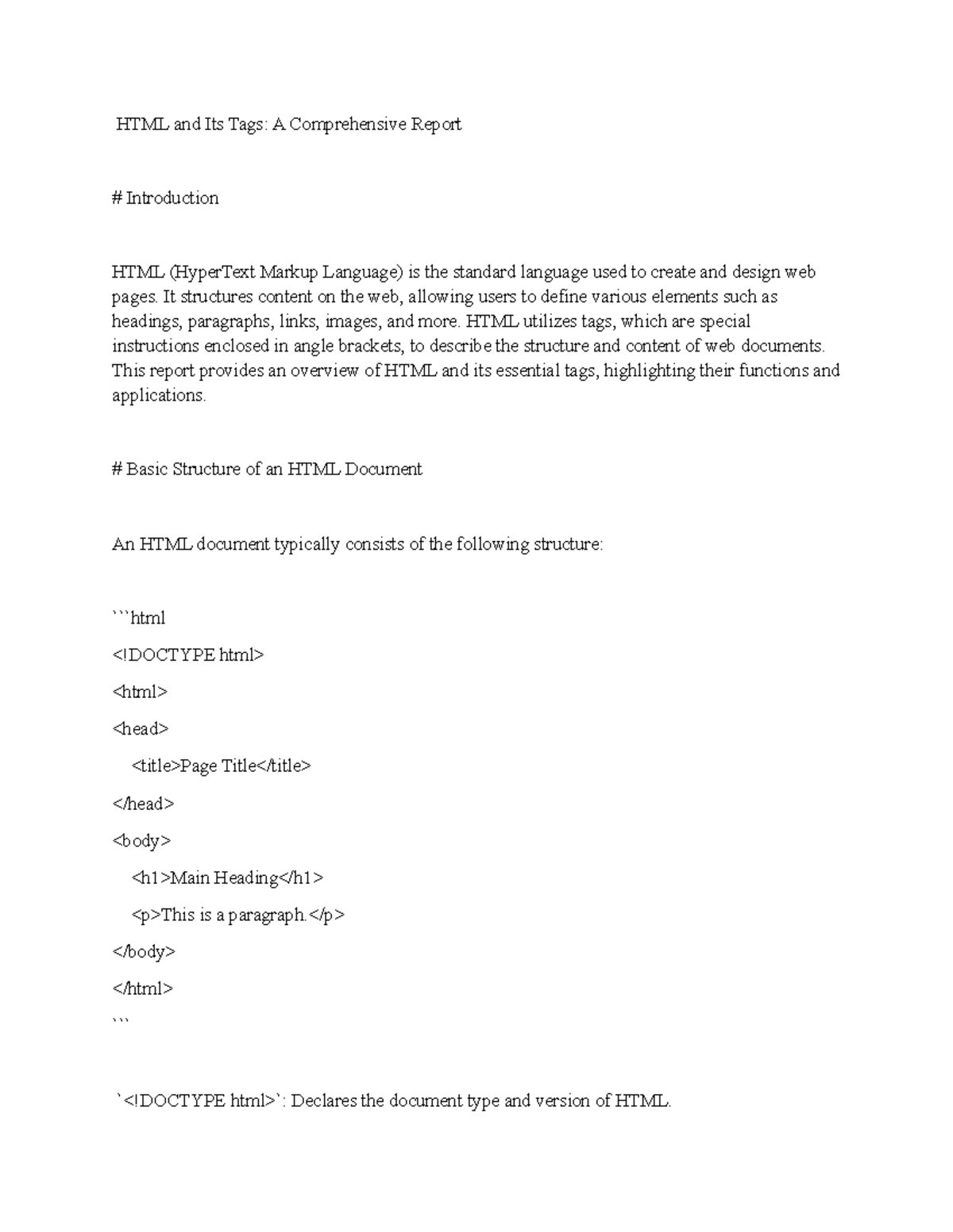 HTML - Fundamental Web development, html ,2023 - HTML and Its Tags: A Comprehensive Report - Studocu