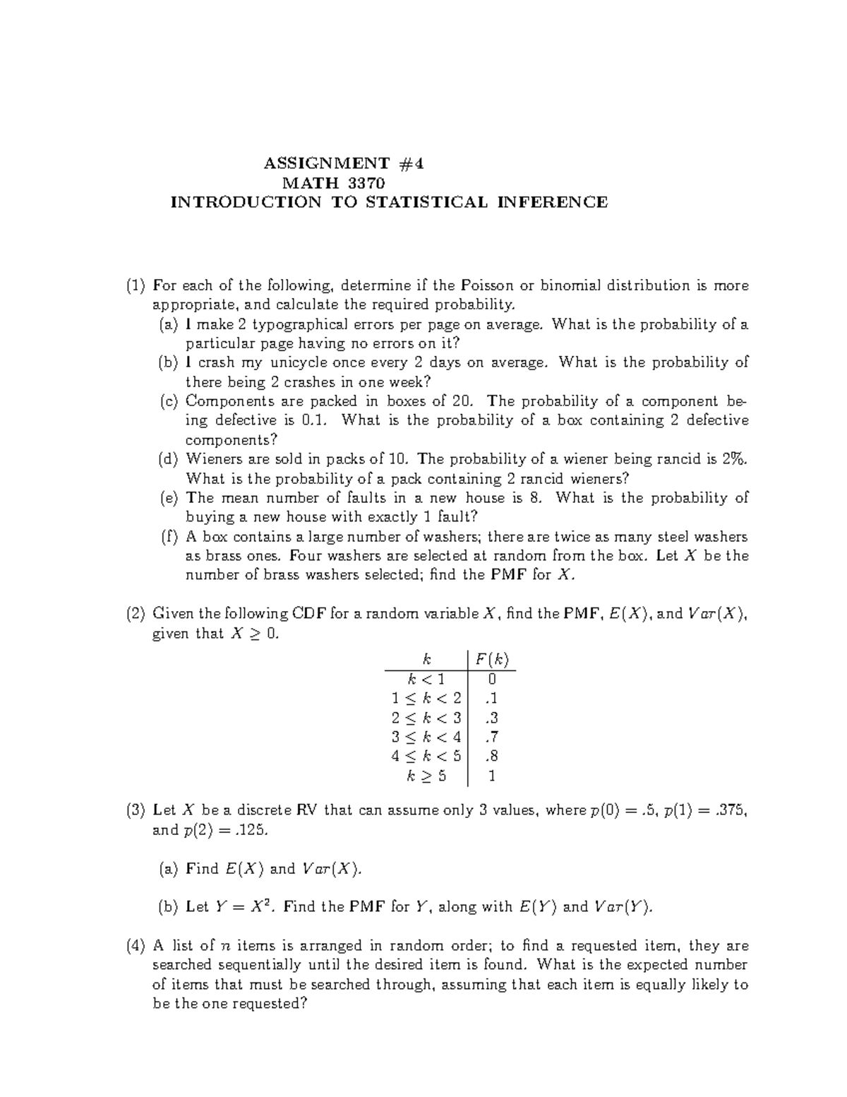 Stat3370assignment 4 F17 Assignment Math 3370 Introduction To Statistical Inference 1 For