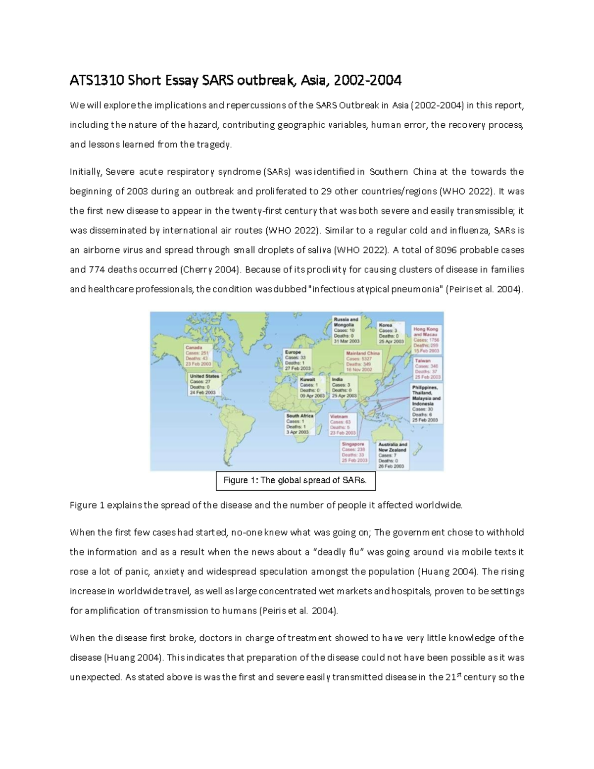 SARS Case Study Report - Essay - ATS1 310 Short Essay SARS outbreak ...